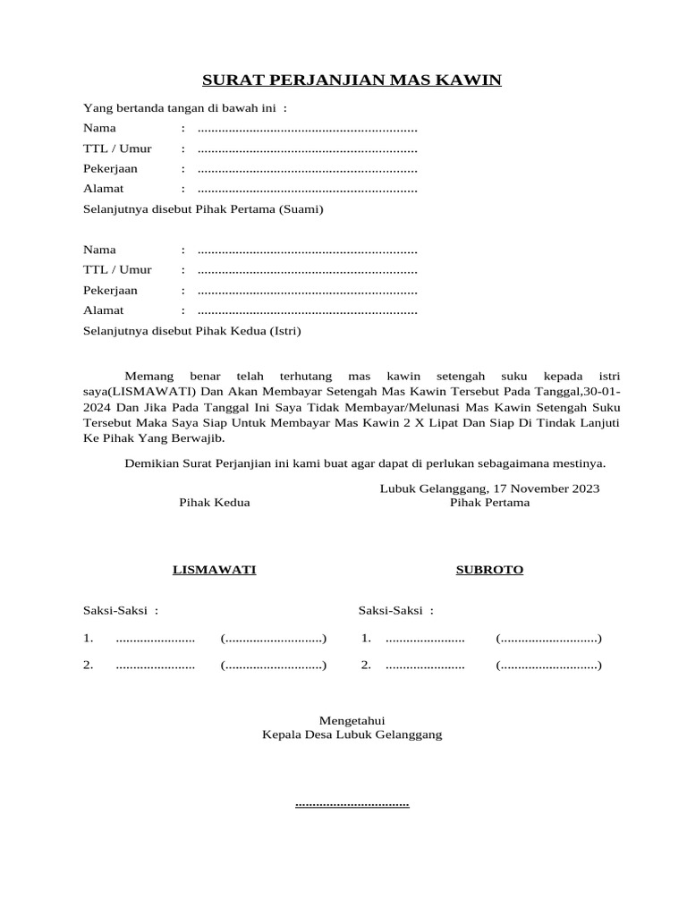 Surat Perjanjian Mas Kawin dan Akad | PDF | Hukum