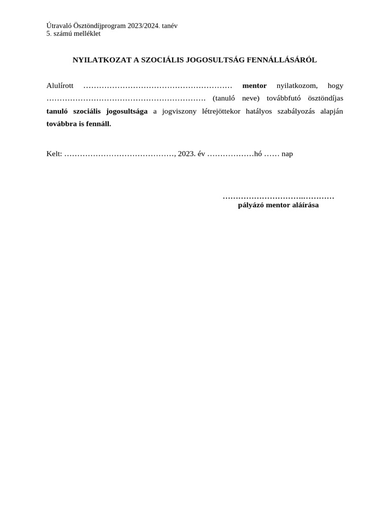 5 SZ Melleklet Nyilatkozat A Szocialis Jogosultsag Fennallasarol-UK | PDF