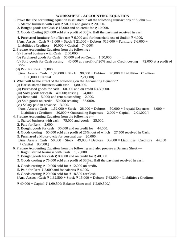 Worksheet Accounting Equation | PDF | Debits And Credits | Financial ...