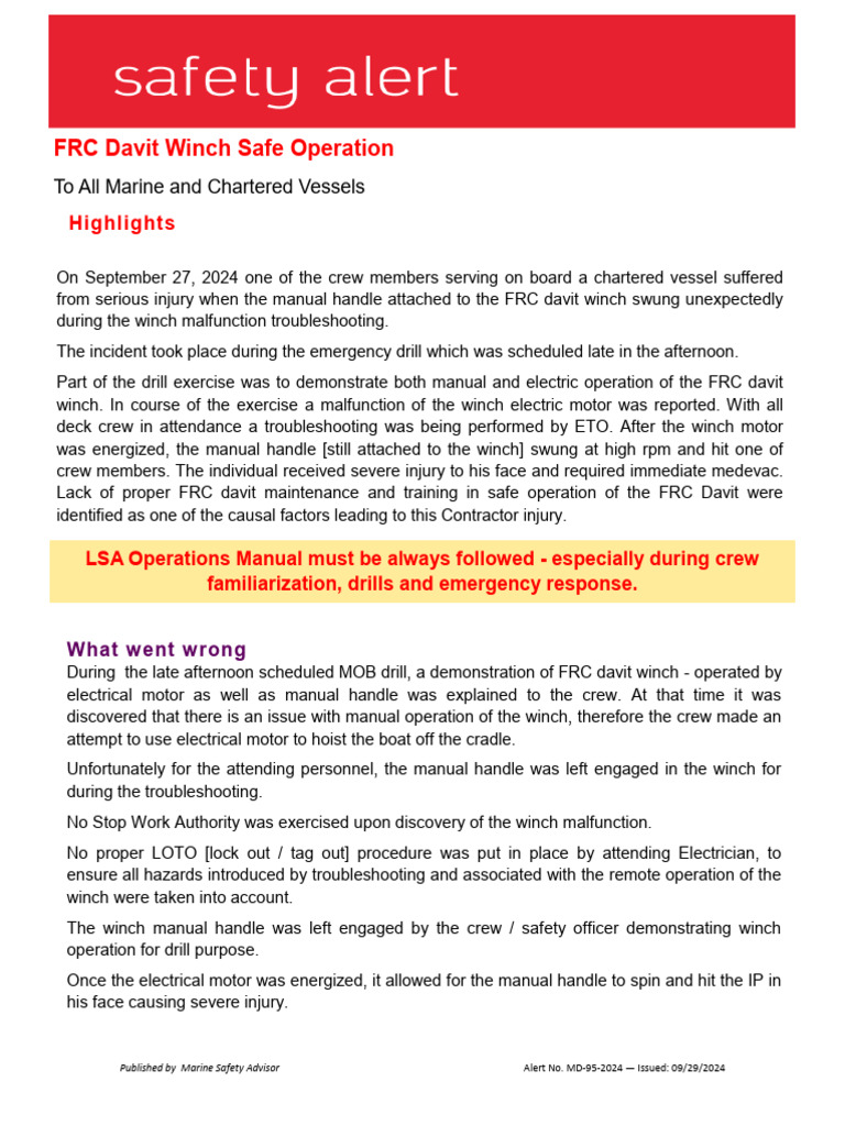 Marine Safety Alert - Publication 95-24 'FRC Davit Winch Safe Operation ...
