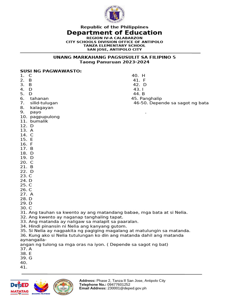 2024-2025 - SUSI SA PAGWAWASTO - 1st Q - FILIPINO5 - Grade5 | PDF