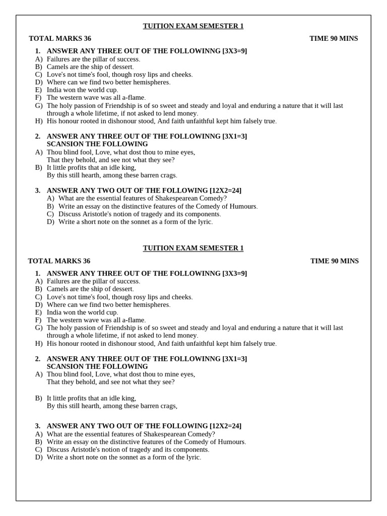 FIRST Question Paper Semester 1 | PDF | Sonnets | Stanzaic Form