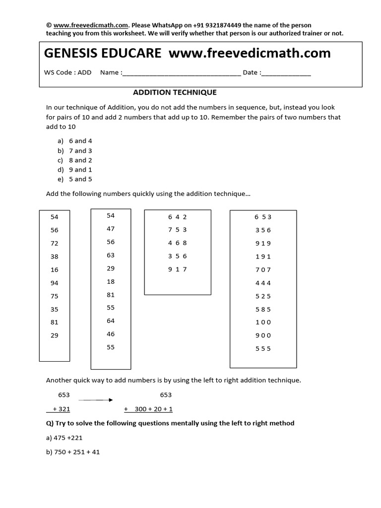 Vedic Maths Addition Techniques Worksheet | PDF