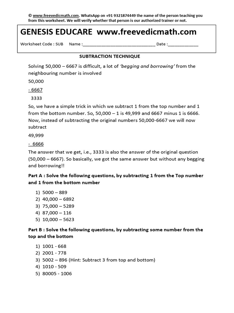 Vedic Math Worksheet 6 - Subtraction | PDF