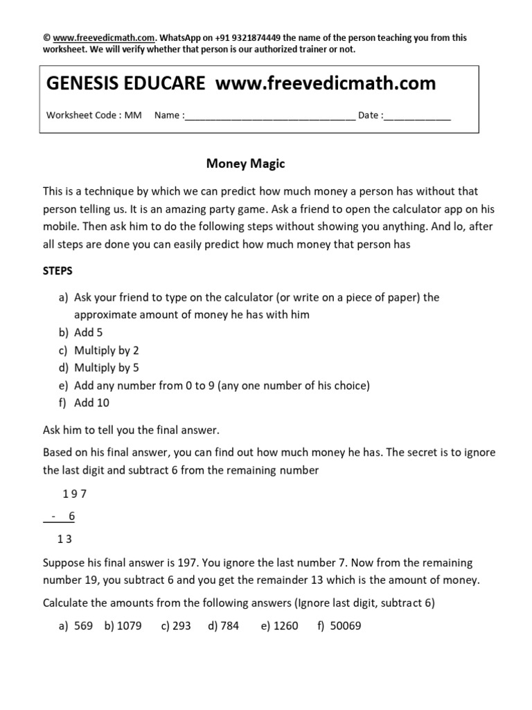 Vedic Math Worksheet 7 - Money Magic | PDF