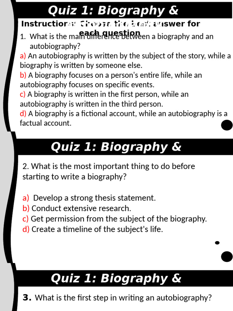 Biography vs. Autobiography Quiz | PDF | Biography | Proofreading
