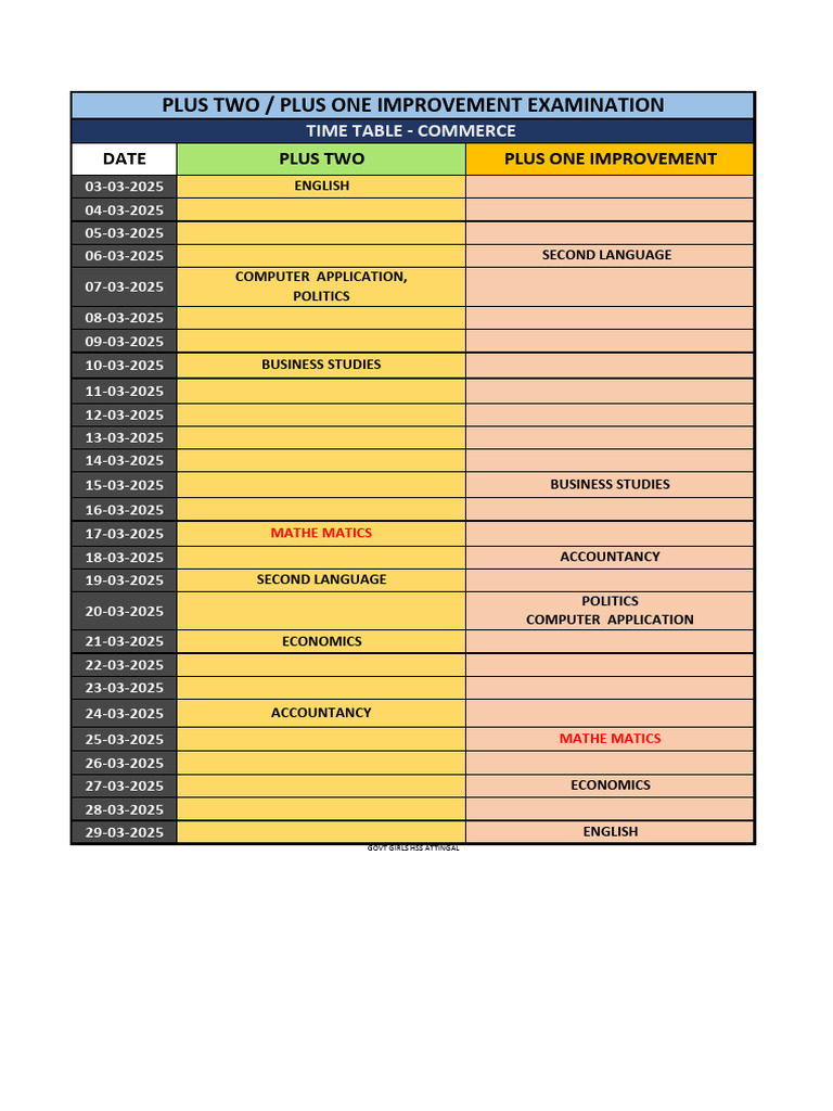 Exam Time Table Commerce | PDF