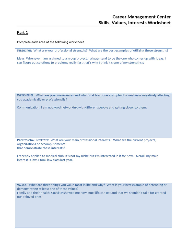 Skills, Values, and Interests Assessment | PDF | Goal | Information