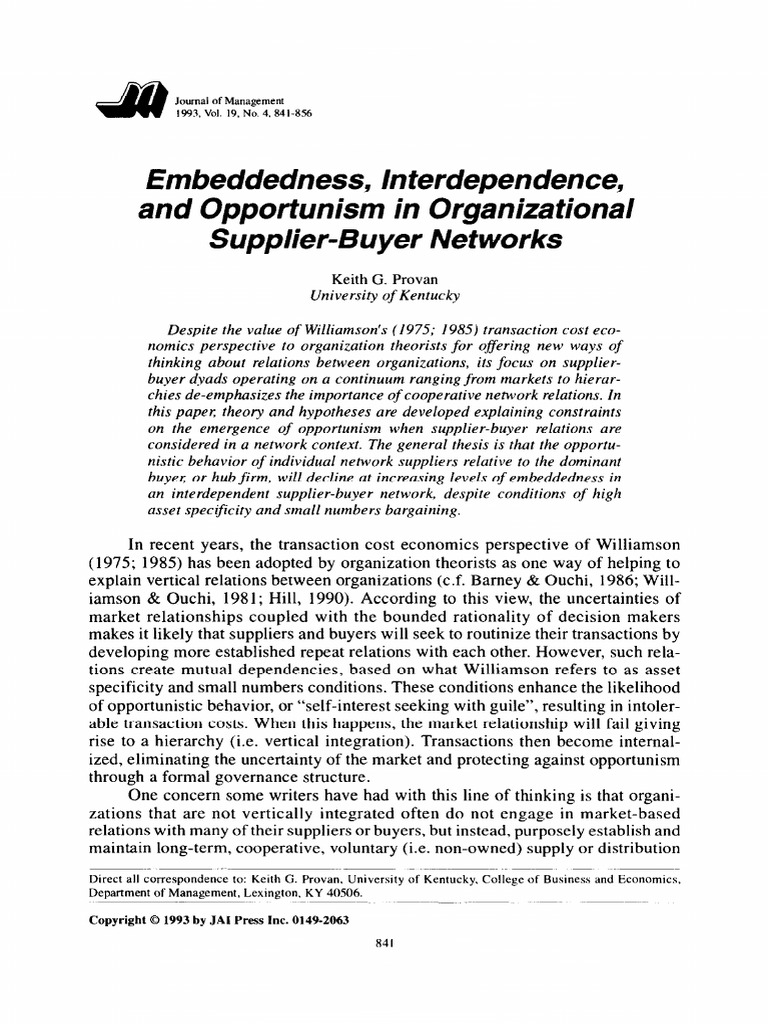 Embeddedness Interdependence and Opportunism in Organiz - 1993 ...