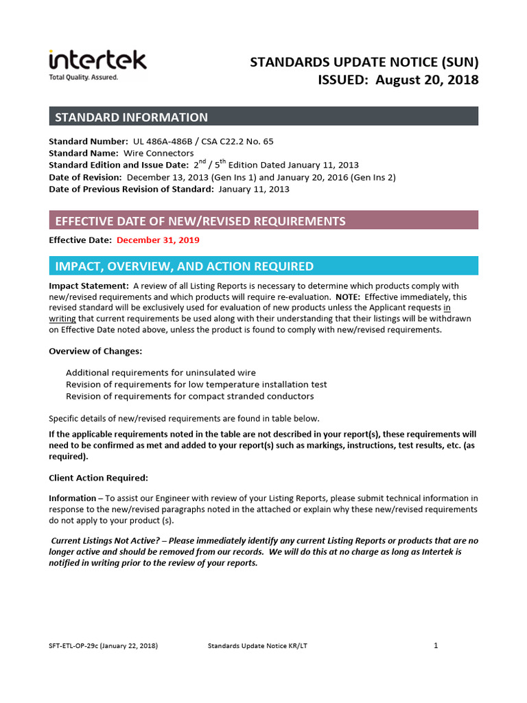 UL 486A-486B Standard Update Notice | PDF | Electrical Connector | Wire