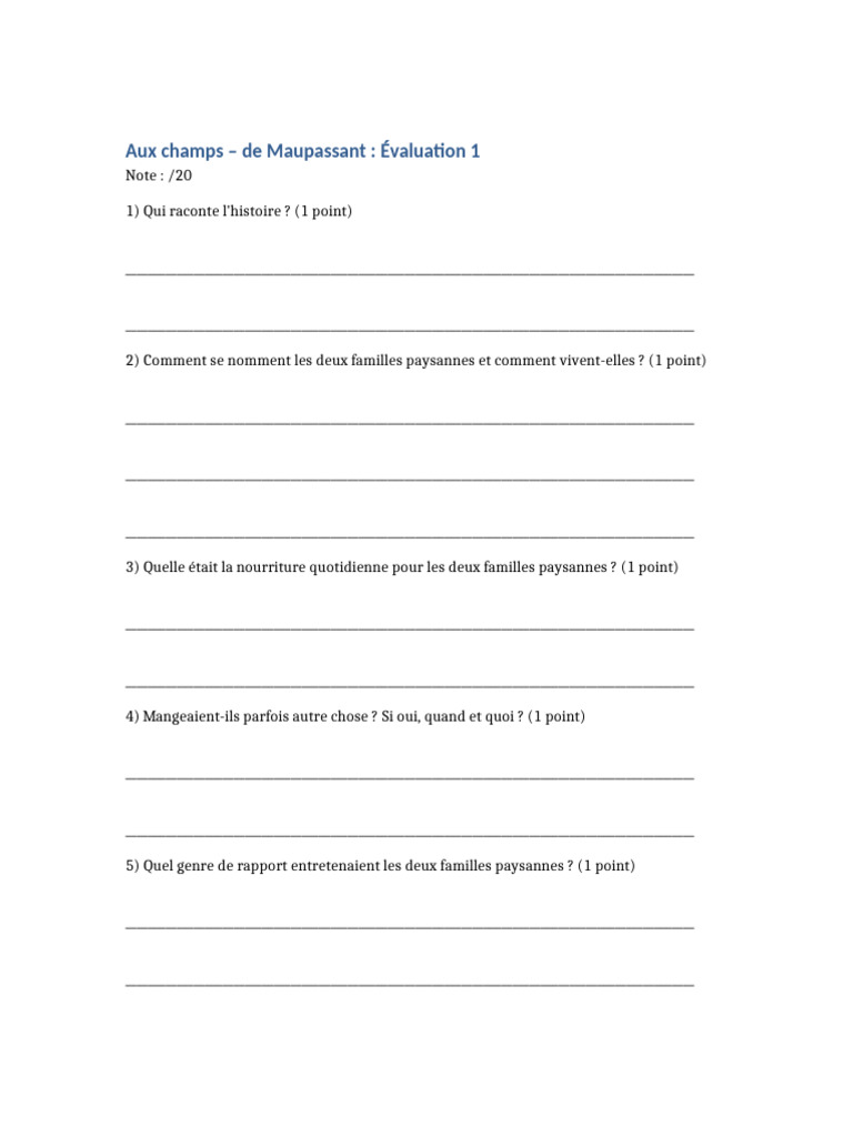 Évaluation sur "Aux champs" de Maupassant | PDF
