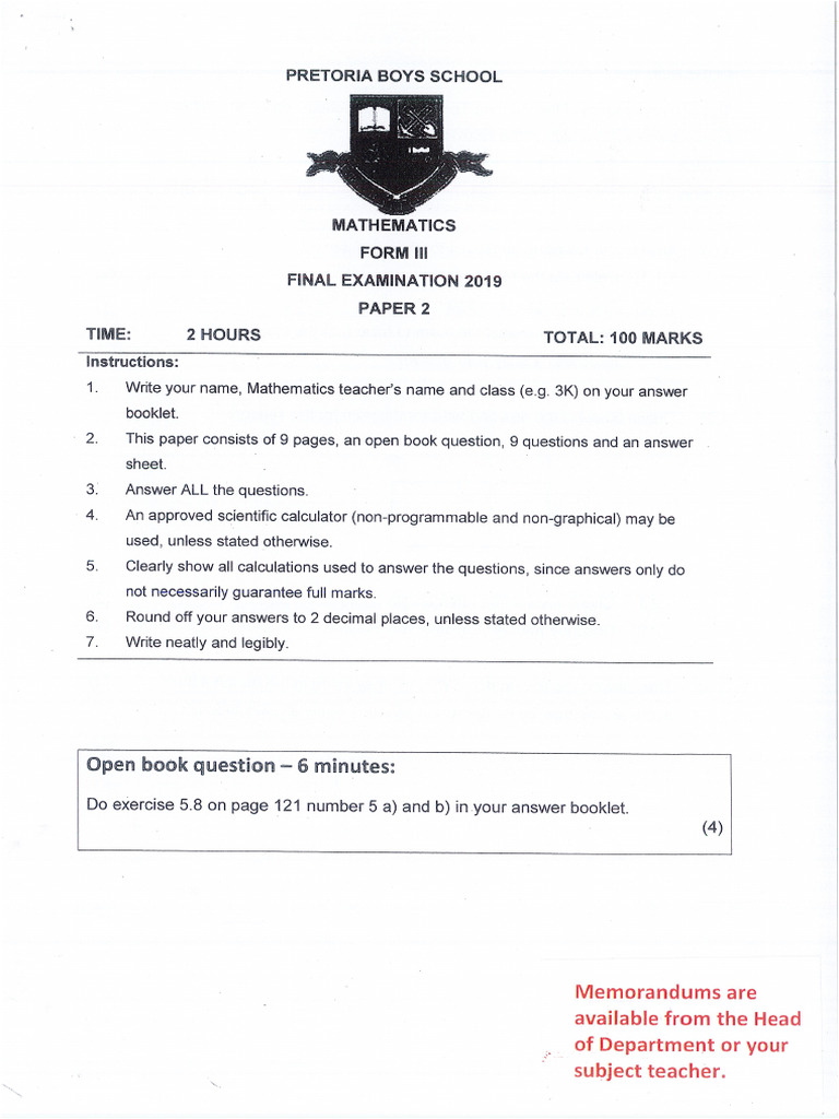 Form 3 Mathematics Paper 2 & Memorandum November 2019 | PDF