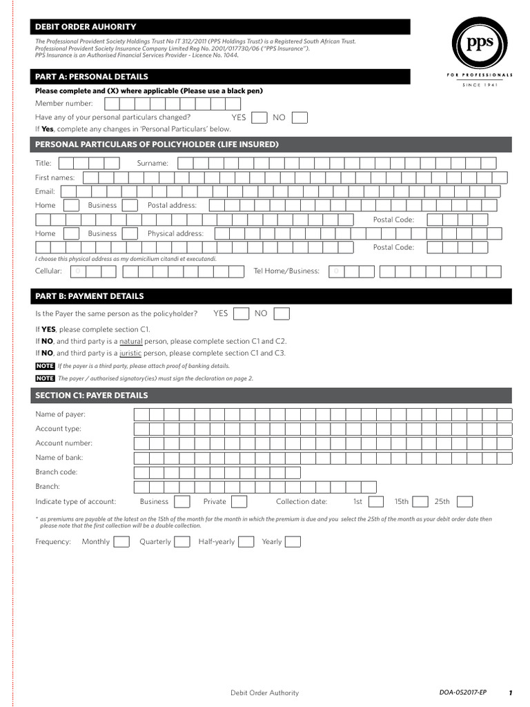 Debit Order Authority Form - PPS Insurance | PDF | Insurance | Personal ...