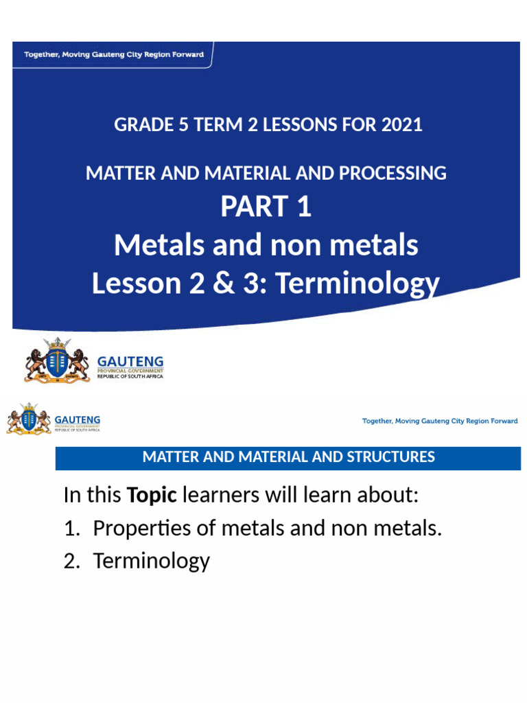 GR 5 2021 TERM 2 PART 1 Lesson 2 - 3 Metals and Nonmetals | PDF ...