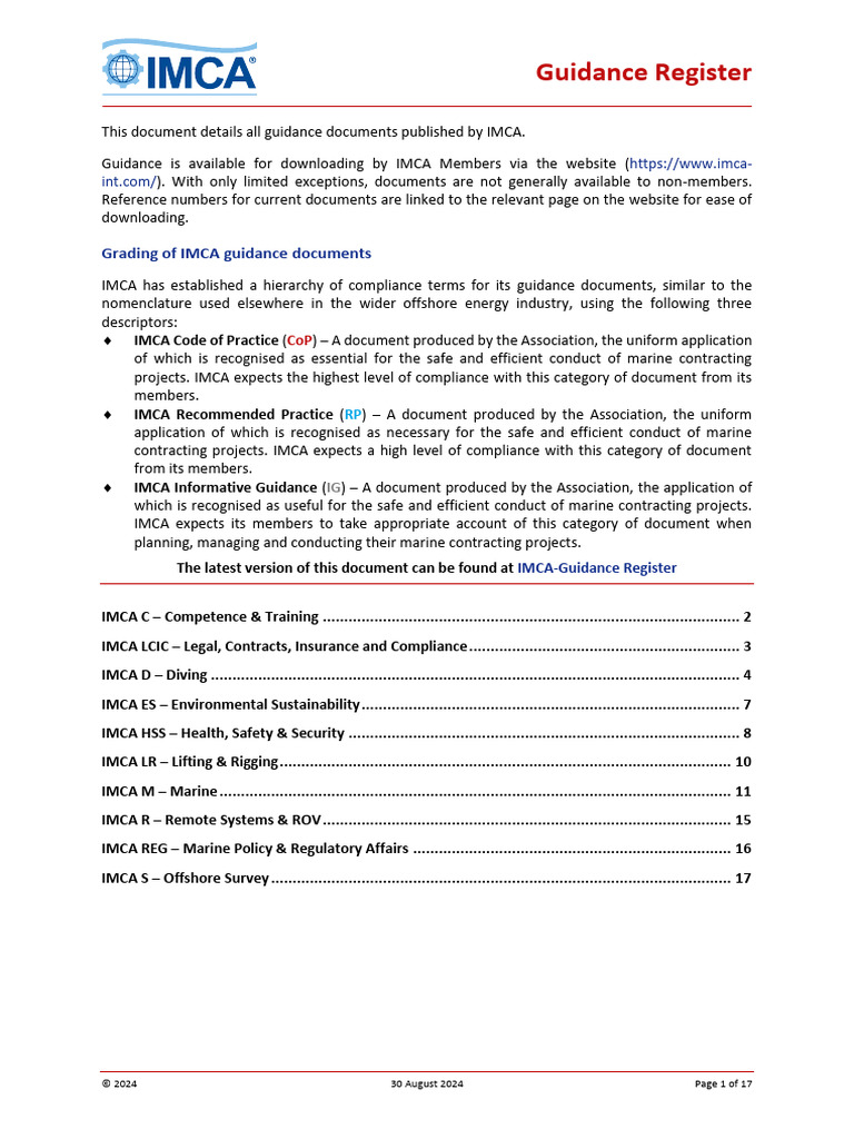 IMCA-Guidance Register 2024 | PDF | Underwater Diving