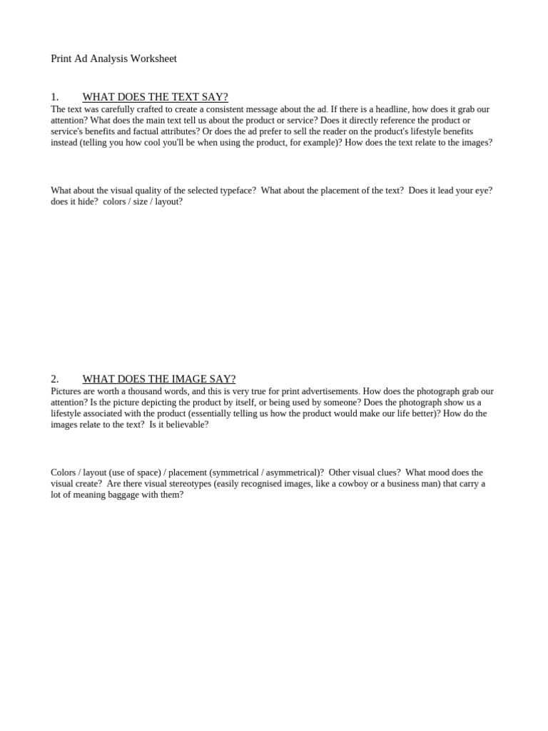 Print Advert Analysis Worksheet 2 | PDF | Advertising | Image