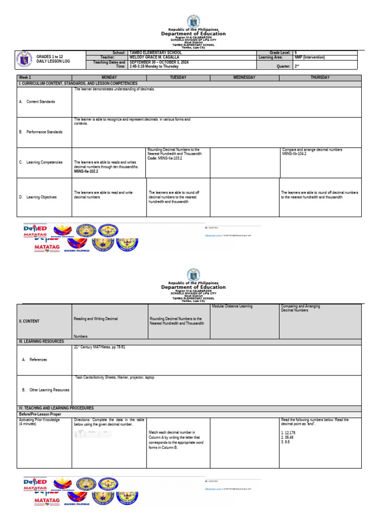 Grade-5-NMP-Quarter-2-Week-2 Intervention | PDF | Numbers | Learning
