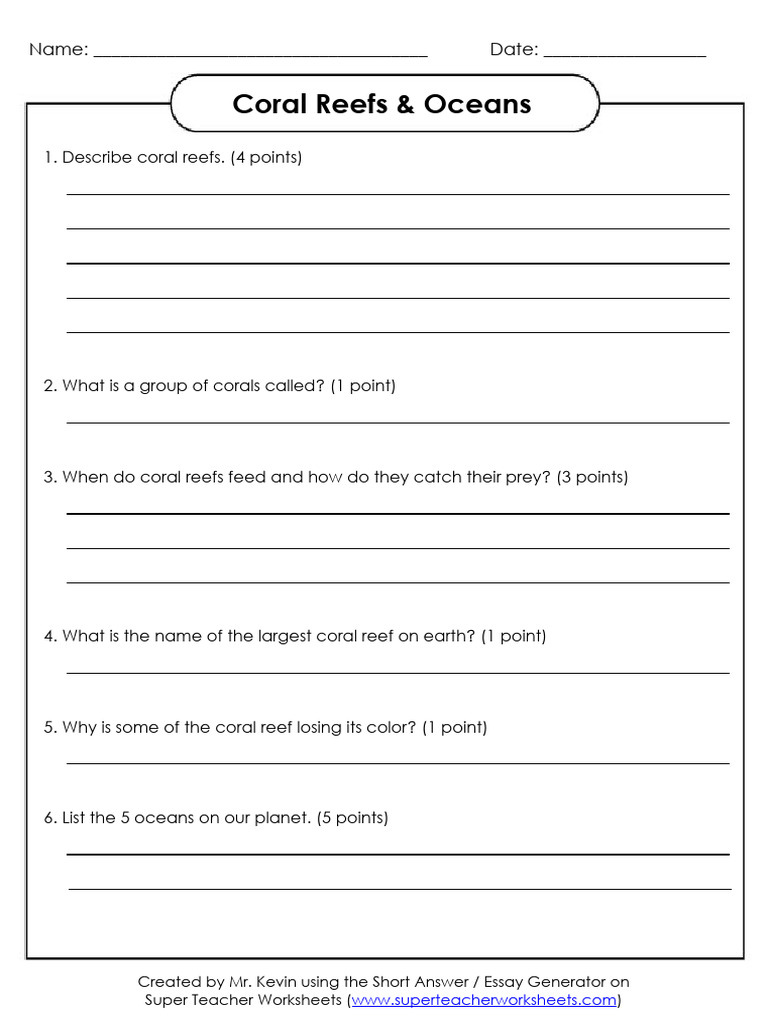 Coral Reefs and Ocean Worksheet | PDF | Science & Mathematics ...