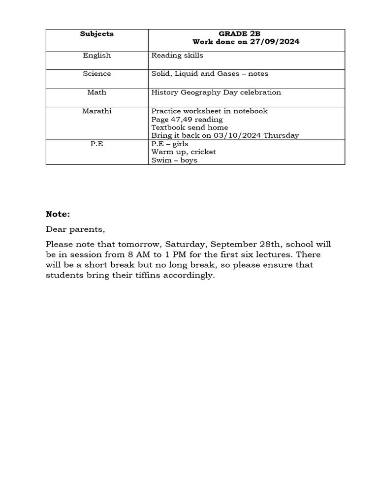 Grade 2B School Schedule Update | PDF