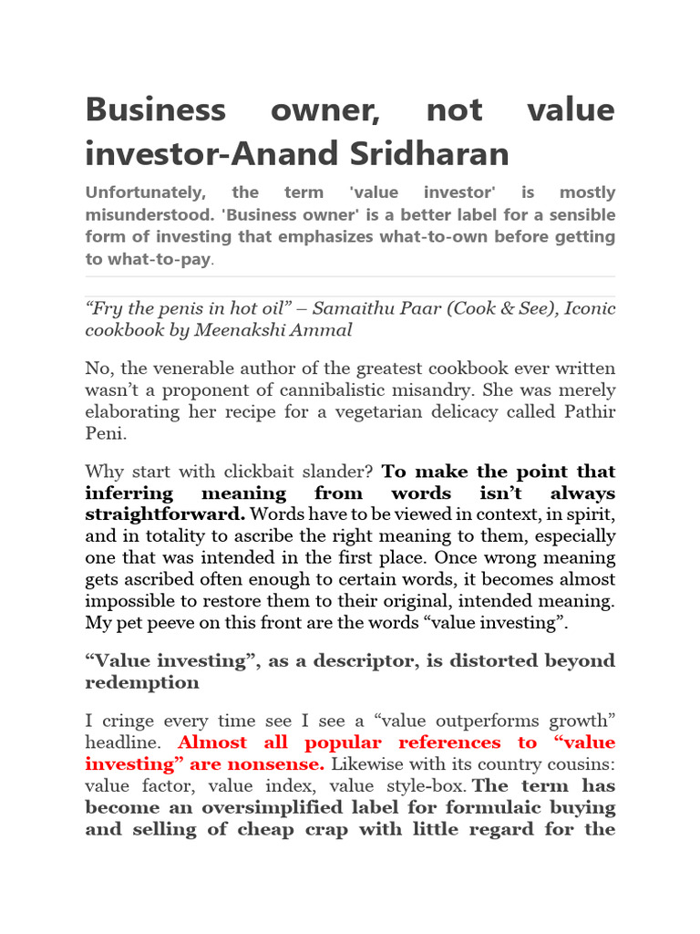Business Owner, Not Value Investor - Anand Sridharan | PDF | Value ...