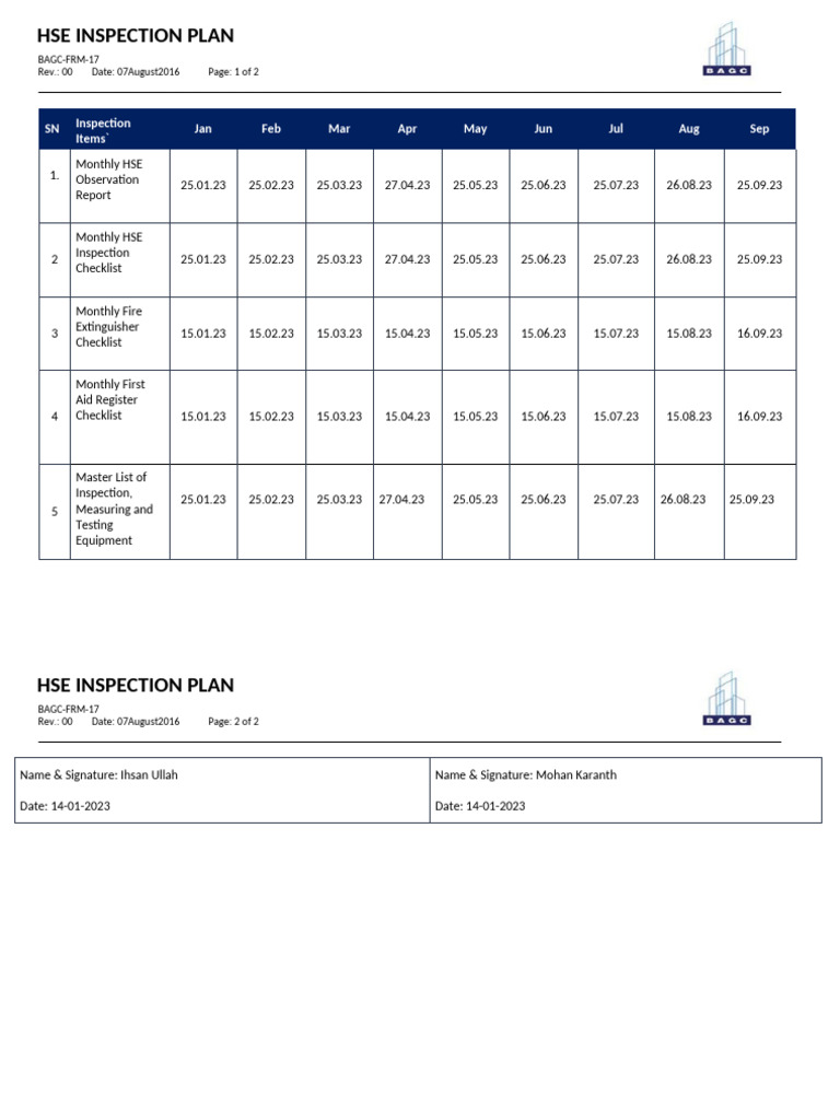 BAGC-FRM-17 (HSE Inspection Plan) 2023 SHC January 2023 | PDF | Science ...