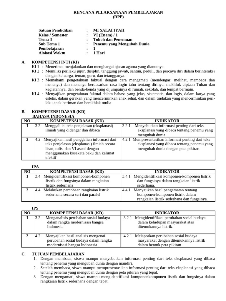 RPP TEMA 3 KELAS 6 | PDF