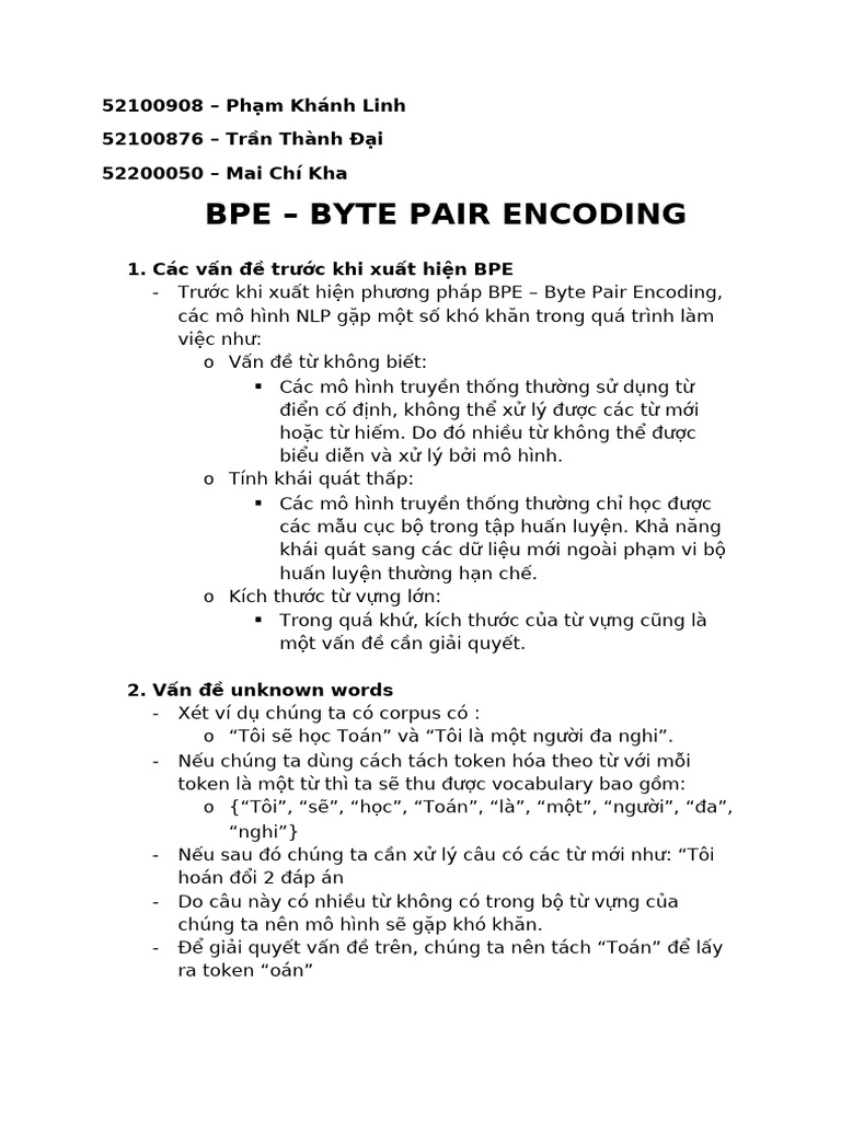 Bpe - Byte Pair Encoding: 52100908 - Phạm Khánh Linh 52100876 - Trần Thành Đại 52200050 - Mai ...