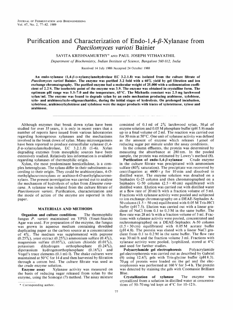 Paecilomyces Varioti: Purification and Characterization of Endo-L, 4-Fl-Xylanase From Bainier ...