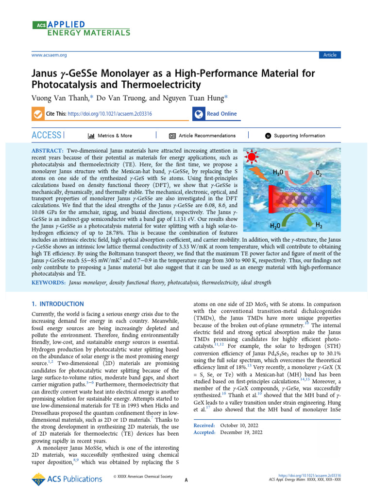- 2023 - Janus γ‐GeSSe Monolayer as a High-Performance Material for Photocatalysis and ...
