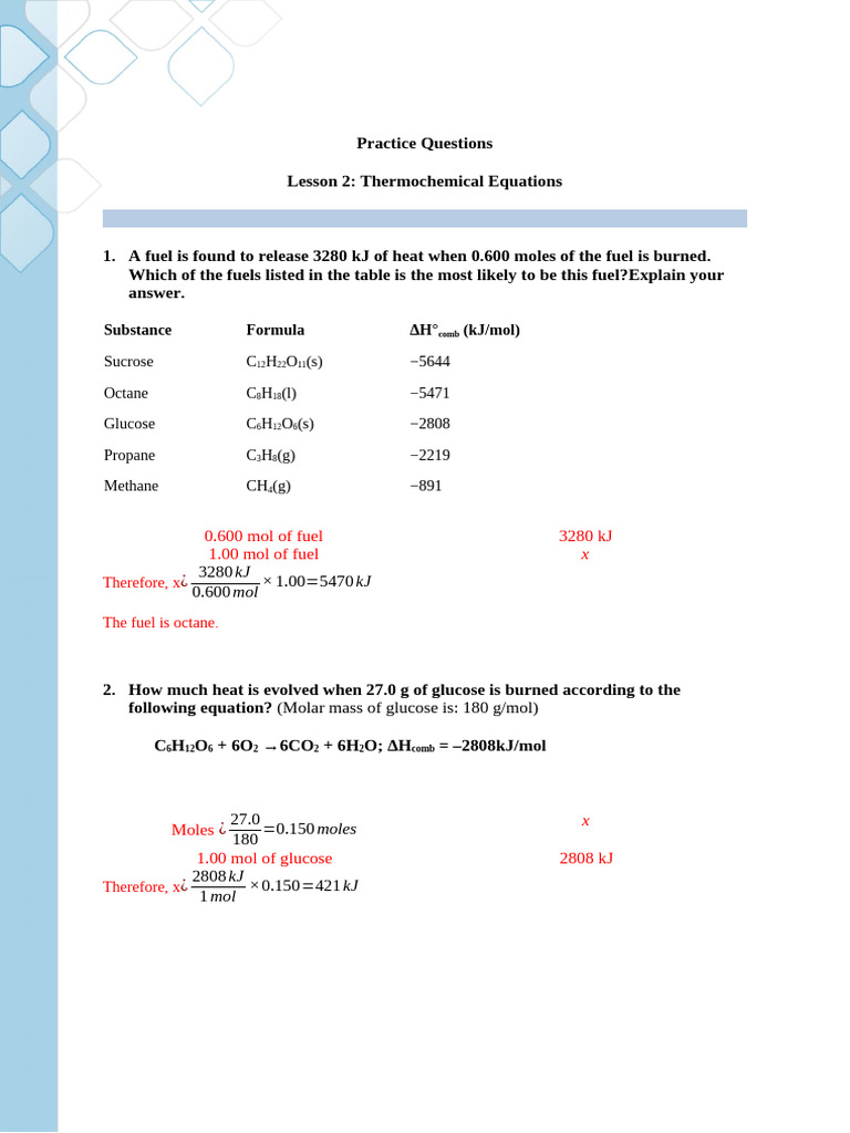 Practice Questions For Enthalpy and Stoichiometry | PDF | Mole (Unit ...