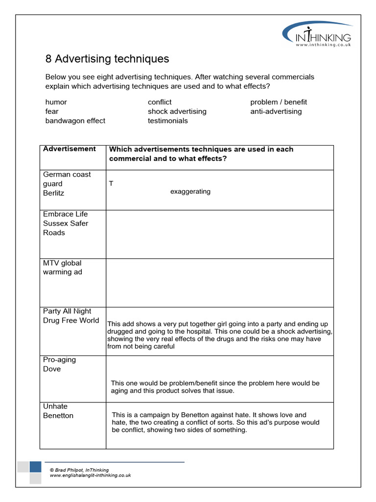 8 Advertising Techniques WORKSHEET | PDF