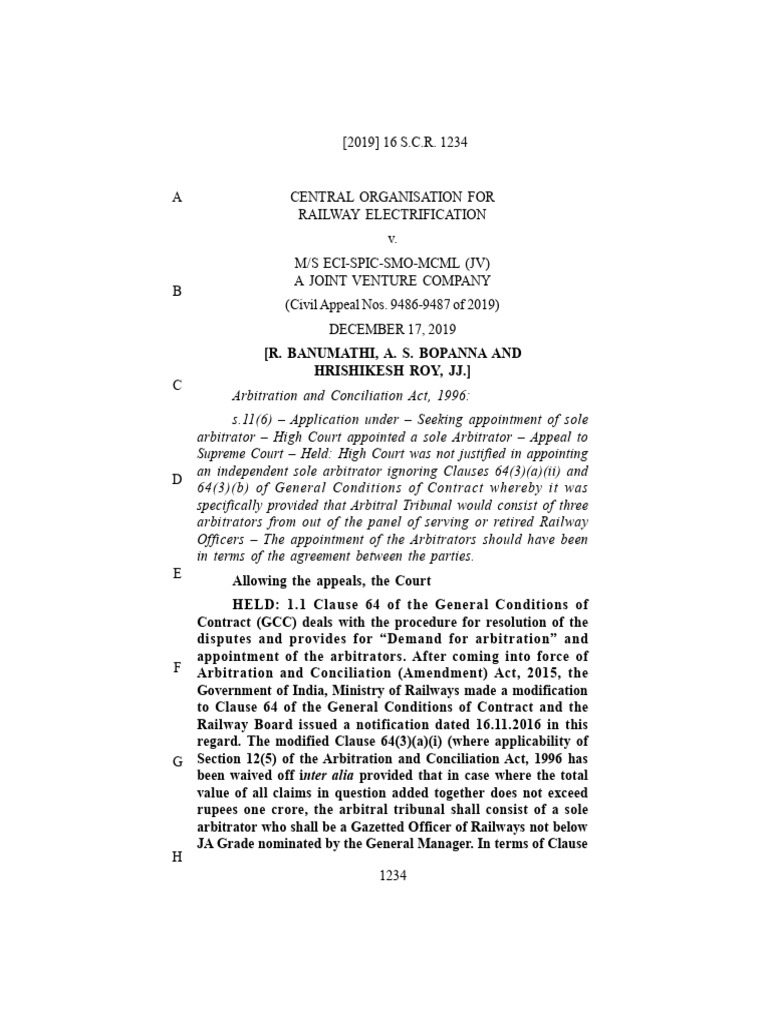 Central Organisation For Railway Electrification v. ECI-SPIC-SMO-MCML (JV) (2019) 16 SCR 1234 ...