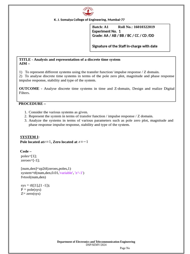 DSP - EXP1 - Analysis and Representation of A Discrete Time System | PDF | Digital Signal ...