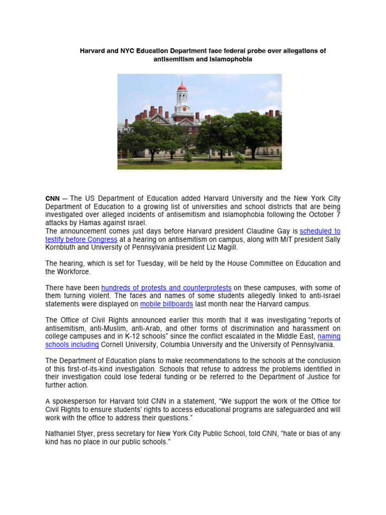 Harvard and NYC Education Department Face Federal Probe Over ...