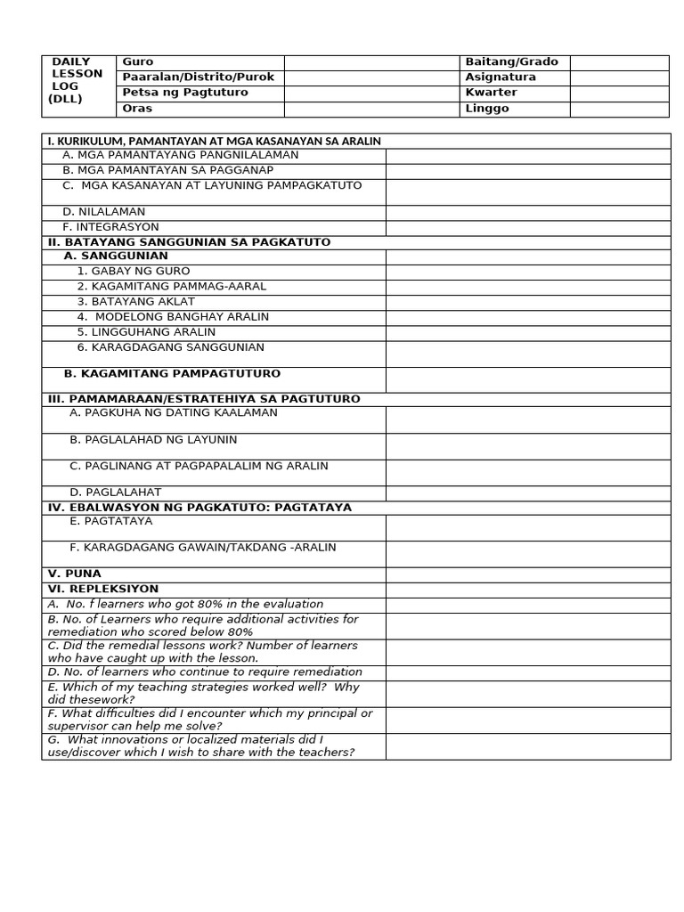 Daily Lesson Log Template for Filipino | PDF