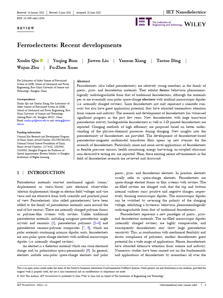 IET Nanodielectrics - 2022 - Qiu - Ferroelectrets Recent Developments | PDF | Piezoelectricity ...