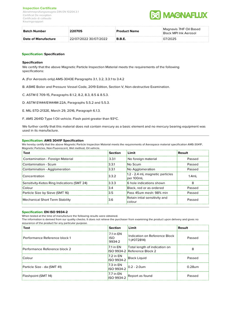Magnavis 7HF Oil Based Black MPI Ink Aerosol | PDF | Aerosol | Materials