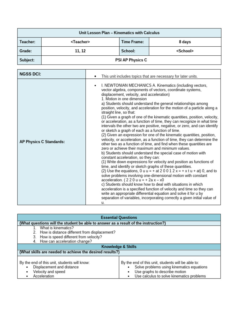 Ap Physc M - Kinematics With Calculus Unit Plan - 2024 10 16 | PDF ...
