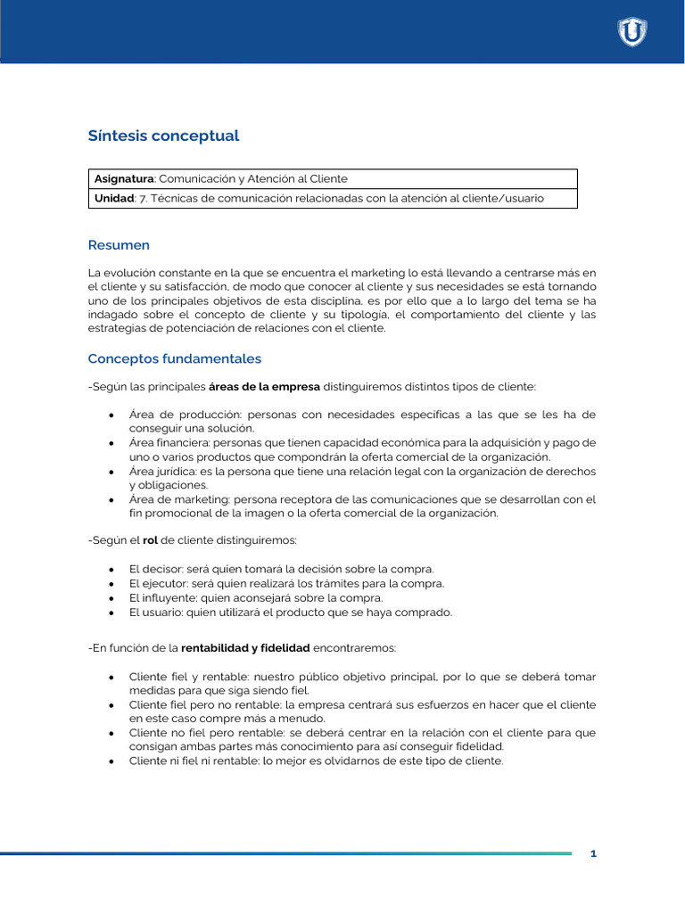 U7 RESUMEN Técnicas de Comunicación Relacionadas Con La Atención Al Clienteusuario | PDF ...