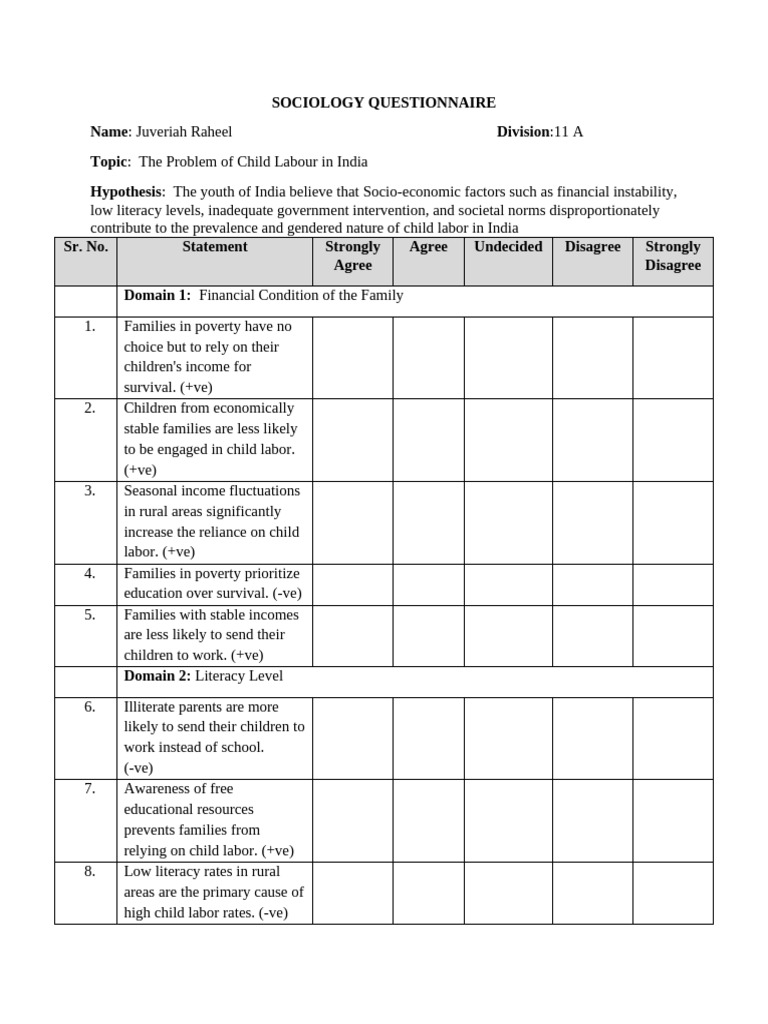Juveriah Raheel 11A Sociology Questionnaire | PDF | Child Labour ...