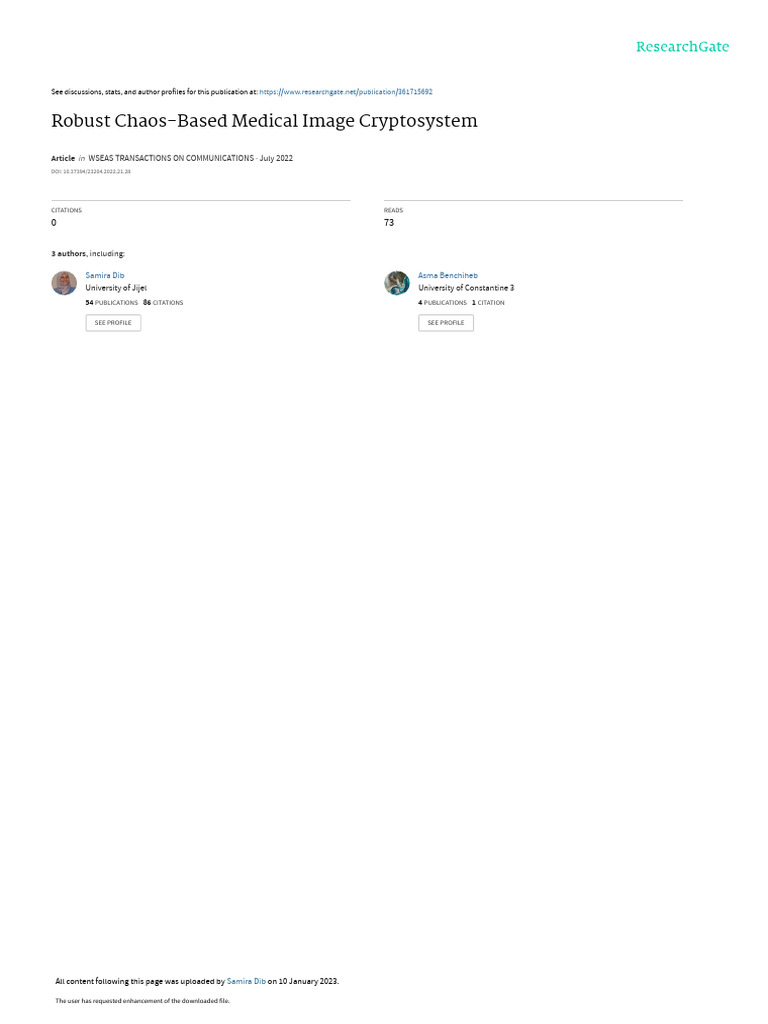 Robust Chaos-Based Medical Image Cryptosystem | PDF | Encryption | Chaos Theory