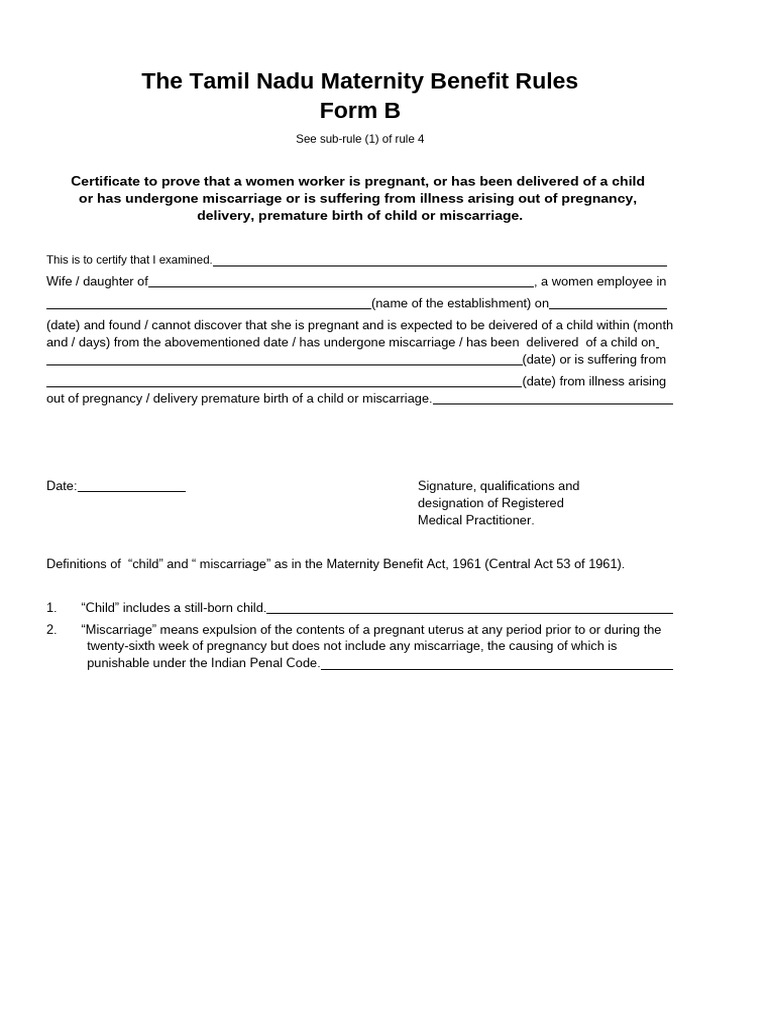 Tamil Nadu Maternity Benefit Form B | PDF