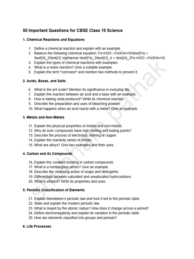 Important CBSE Class 10 Science Questions | PDF | Chemical Compounds ...