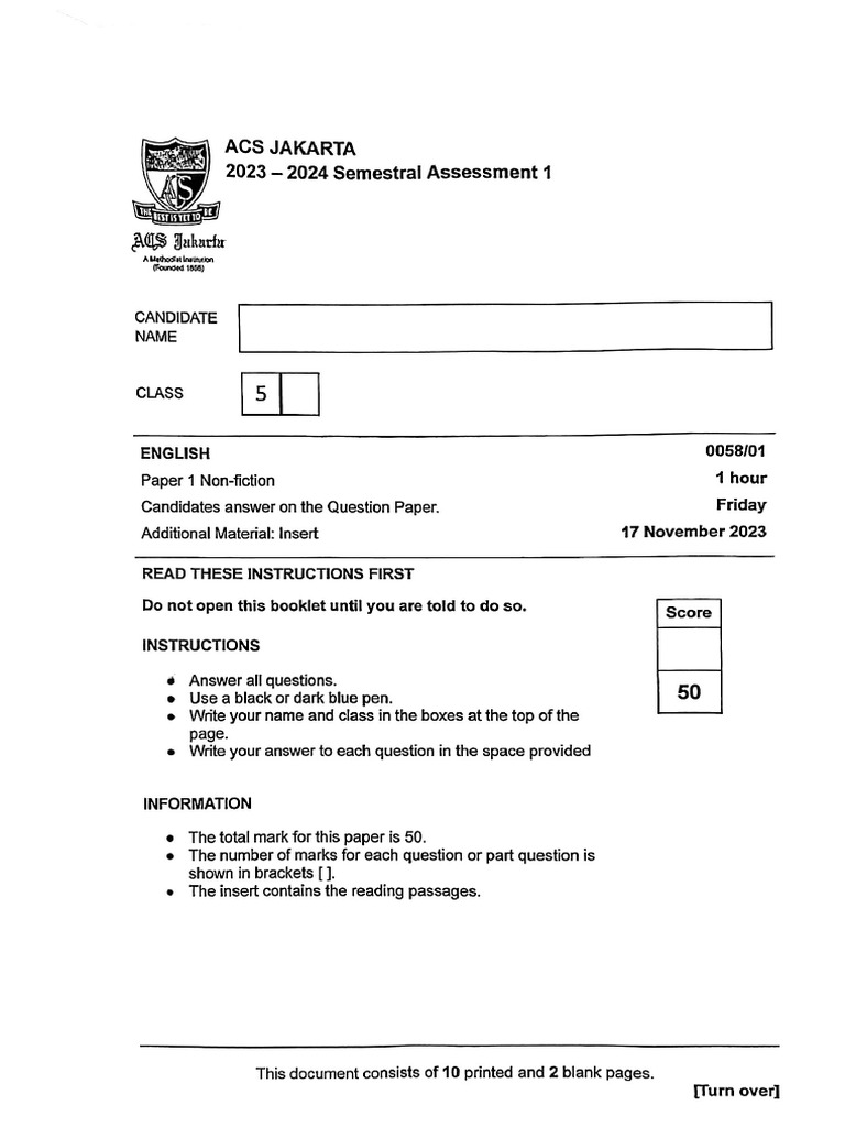 2023-2024 English Sa1 2 | PDF