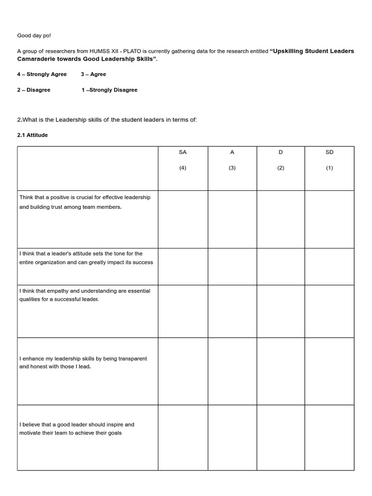 Leadership Skills Survey for Student Leaders | PDF