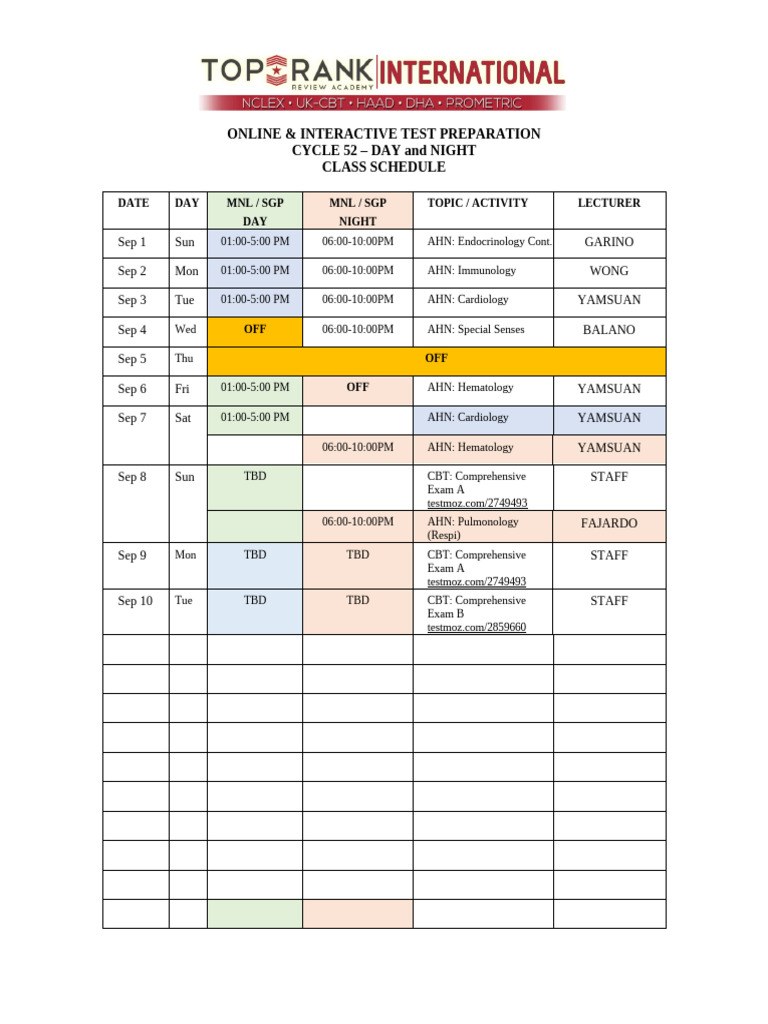 August Class Schedule | PDF