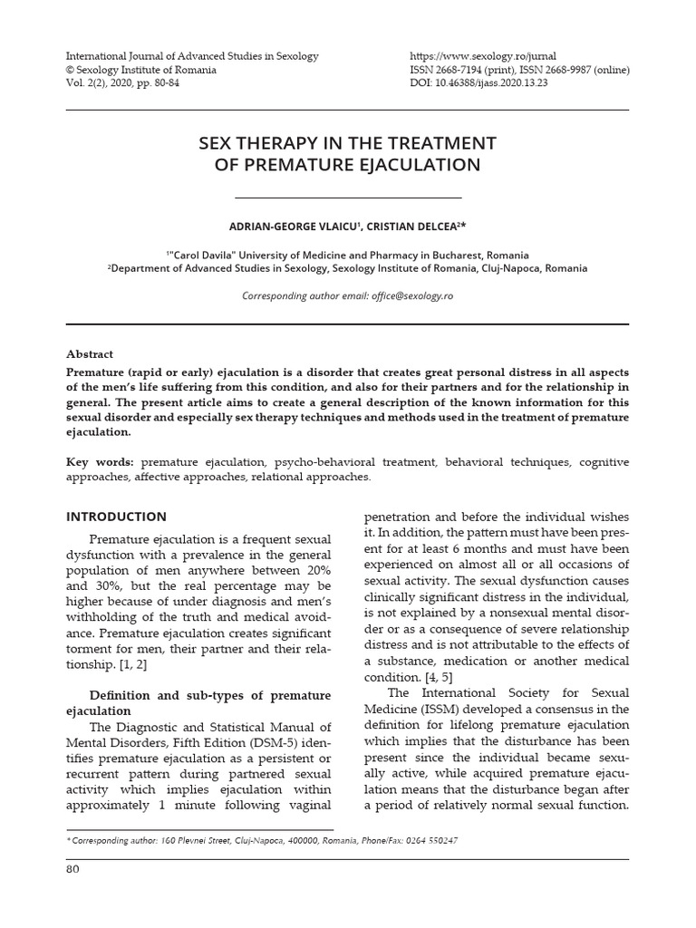 80 84 Vlaicu Delcea Sex Therapy of Premature Ejaculation" IJASS Vol 2 22020 BT1 | PDF | Clinical ...