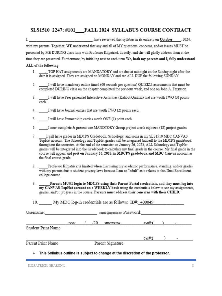 SLS1510 Syllabus Contract | PDF | Career & Growth