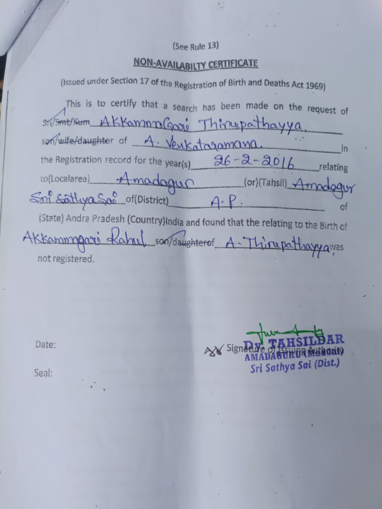 Non-Availability Certificate for Birth Registration | PDF