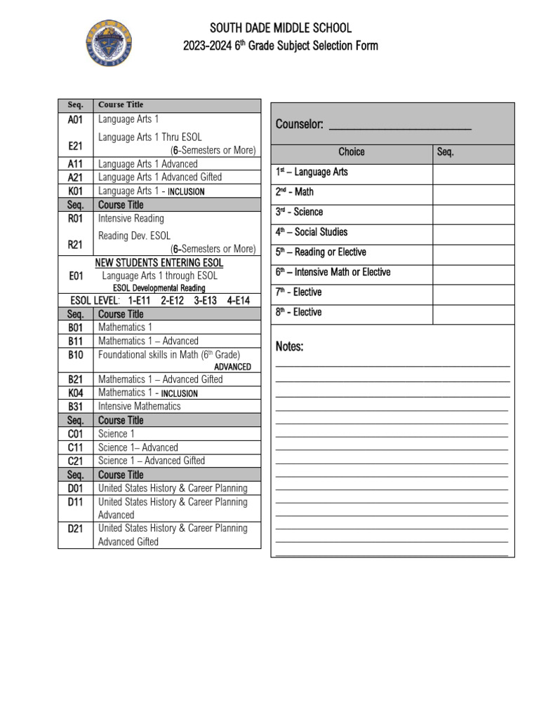 SDMS 2023 2024 Subject Selection Forms 6th Grade | PDF | Science